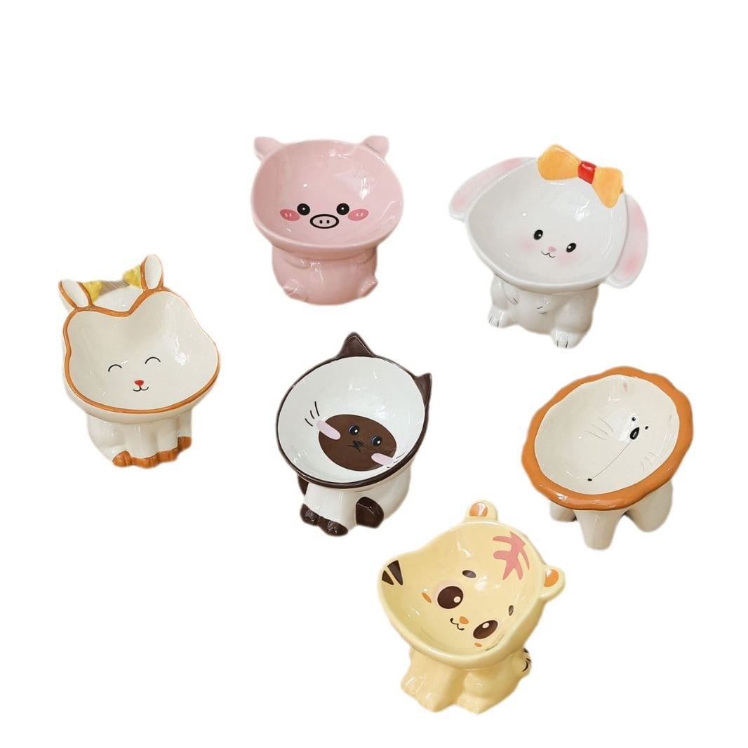 Cute Ceramic Pet Bowls - Anti-Tip Elevated/Flat Design for Cats & Small ...