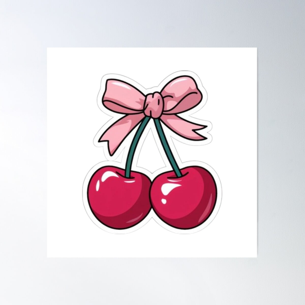 Cute Cherries With Pink Bow Sticker Poster Wall Art, Modern Wall Decor ...