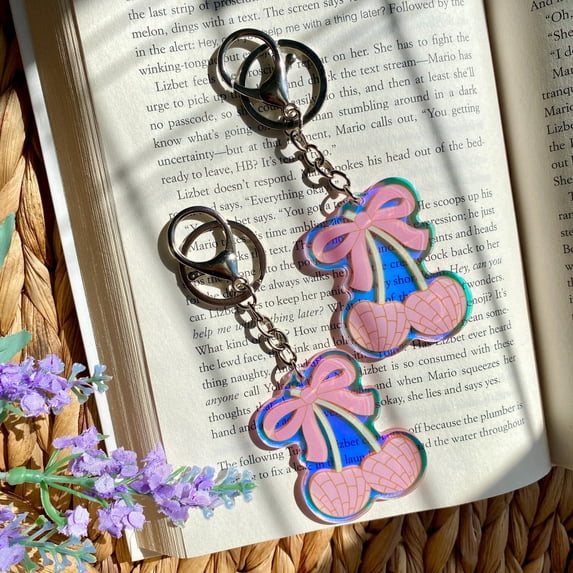 Cute Cherry Bread Pink Bow Cute Iridescent Holographic Acrylic Keychain ...