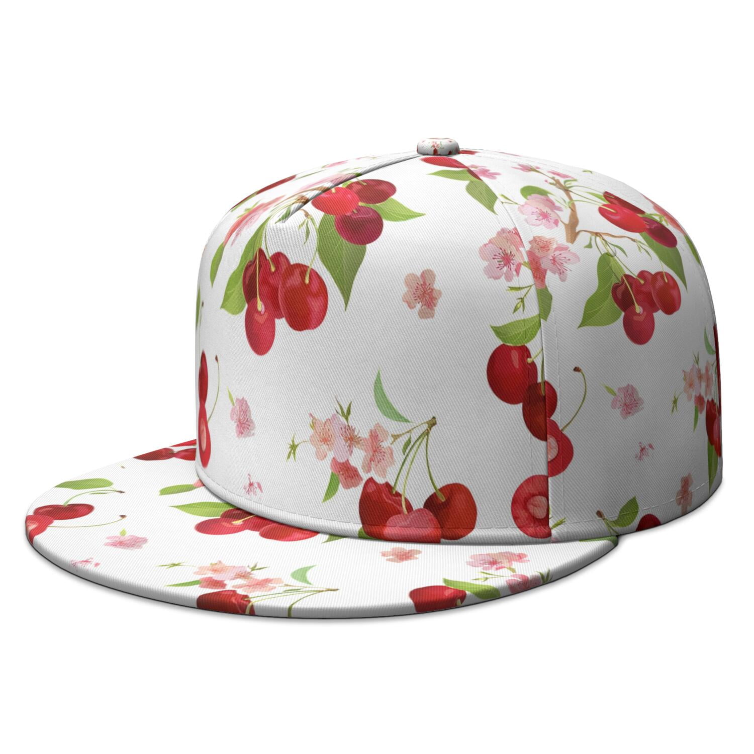 Cute Cherry Illustration Flat Bill Cap - Aesthetic Red & Pink Fruit ...