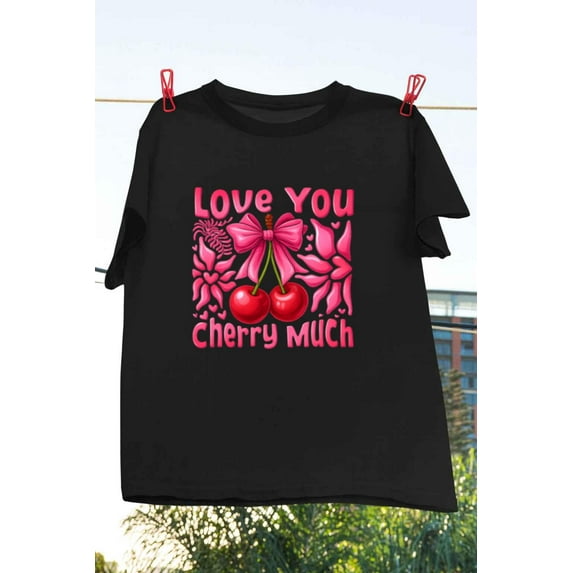 Cute Cherry Love With Pink Bow And Hearts Valentines Unisex T-Shirt up ...