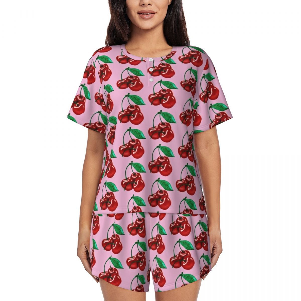 Cute Cherry Pajamas Red Fruit Print Casual O Neck Nightwear Female 2 ...