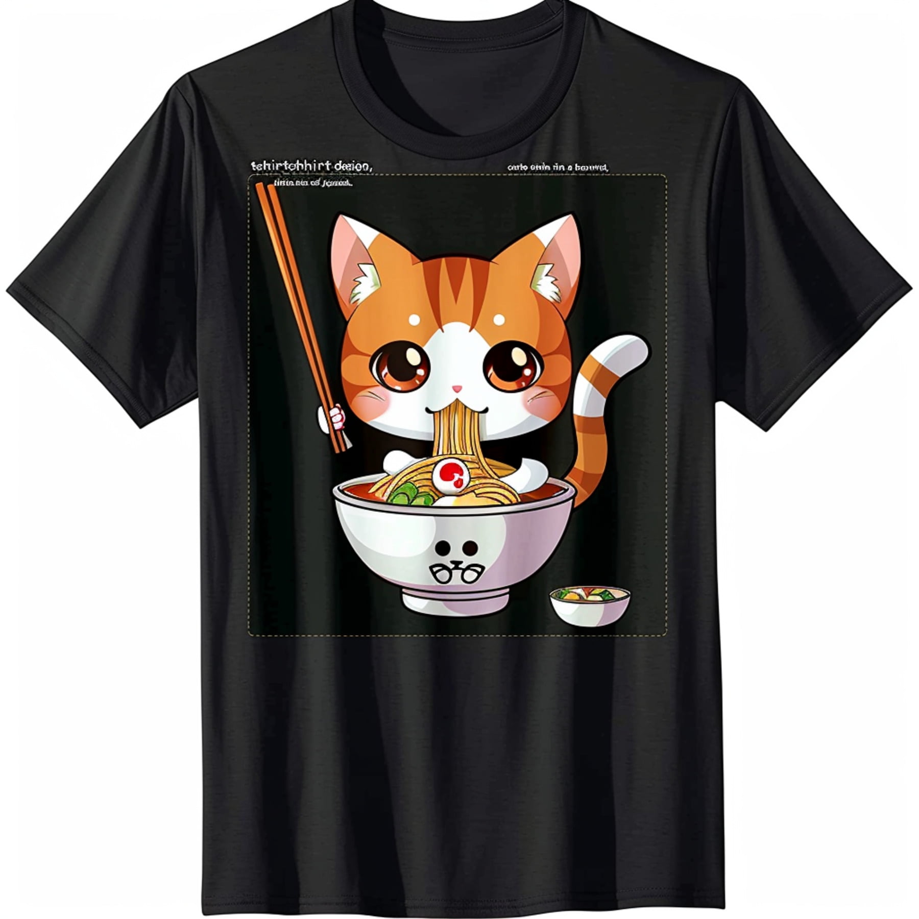 Cute Chibi Cat Eating Ramen TShirt Japanese Style Art Black Tee with ...