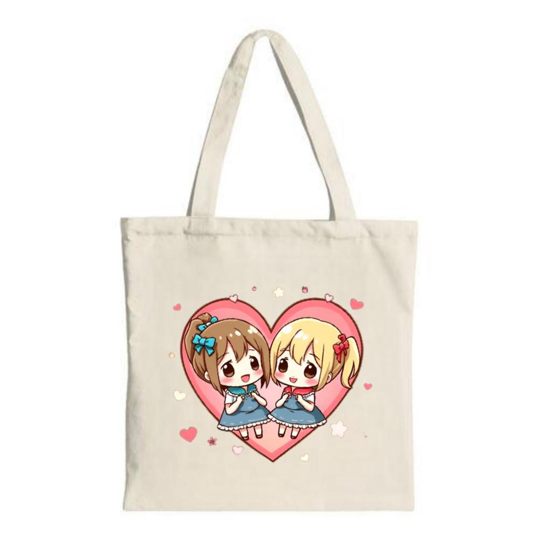 Cute Chibi Characters Canvas Tote Bag - Brown & Hair with Bows in Pink ...