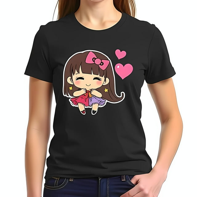 Cute Chibi Girl T-Shirt with Brown Hair Pink Bow & Hearts - Anime ...