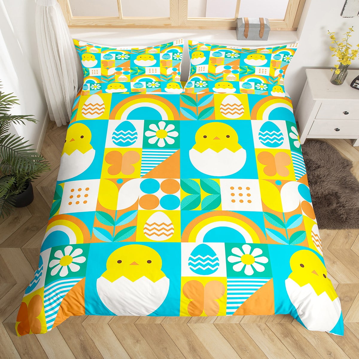 Cute Chick Bedding Set Orange Yellow Rainbow Comforter Cover,Patchwork ...
