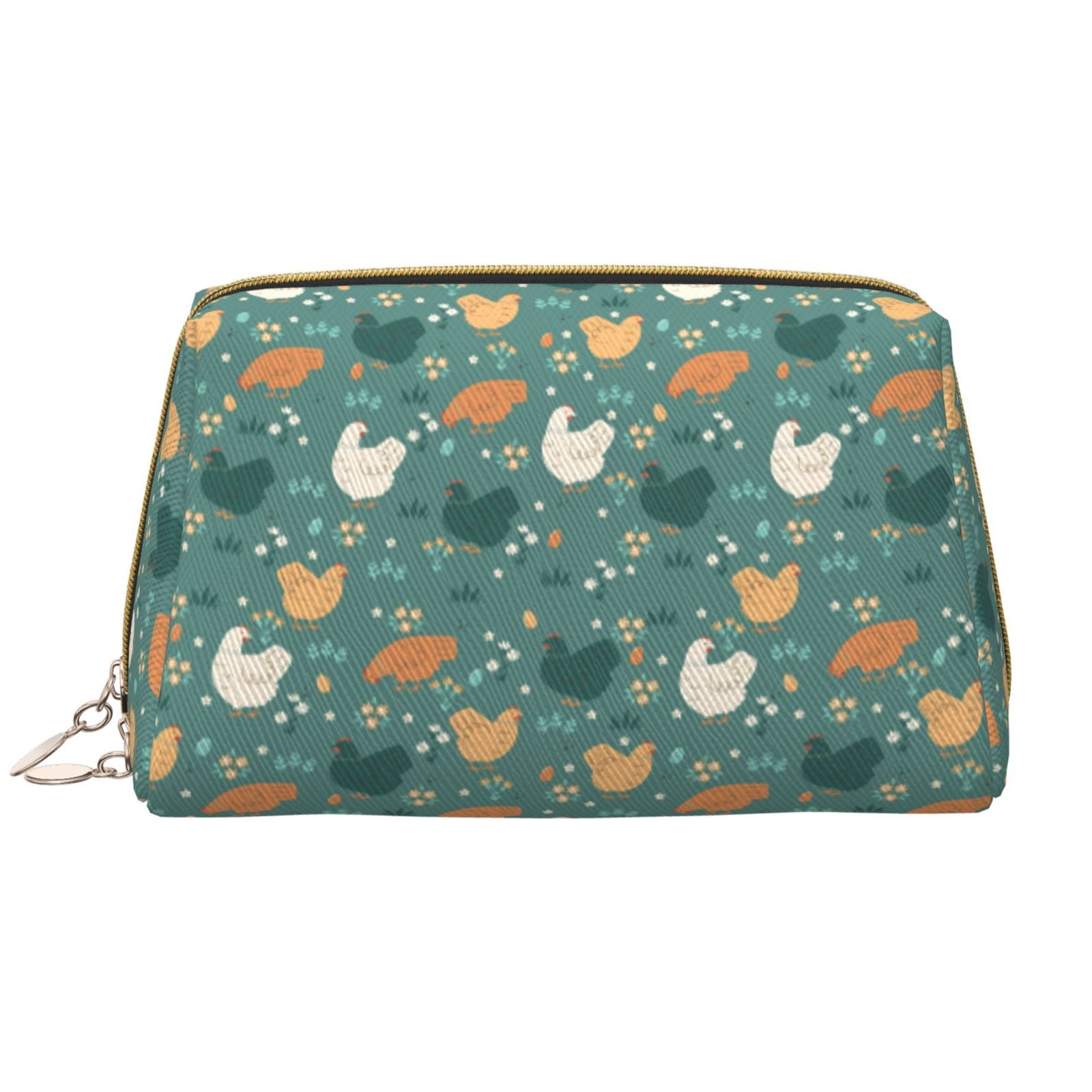 Cute Chicken Meadow Flowers Green Makeup Bag, Large Capacity Cosmetic ...