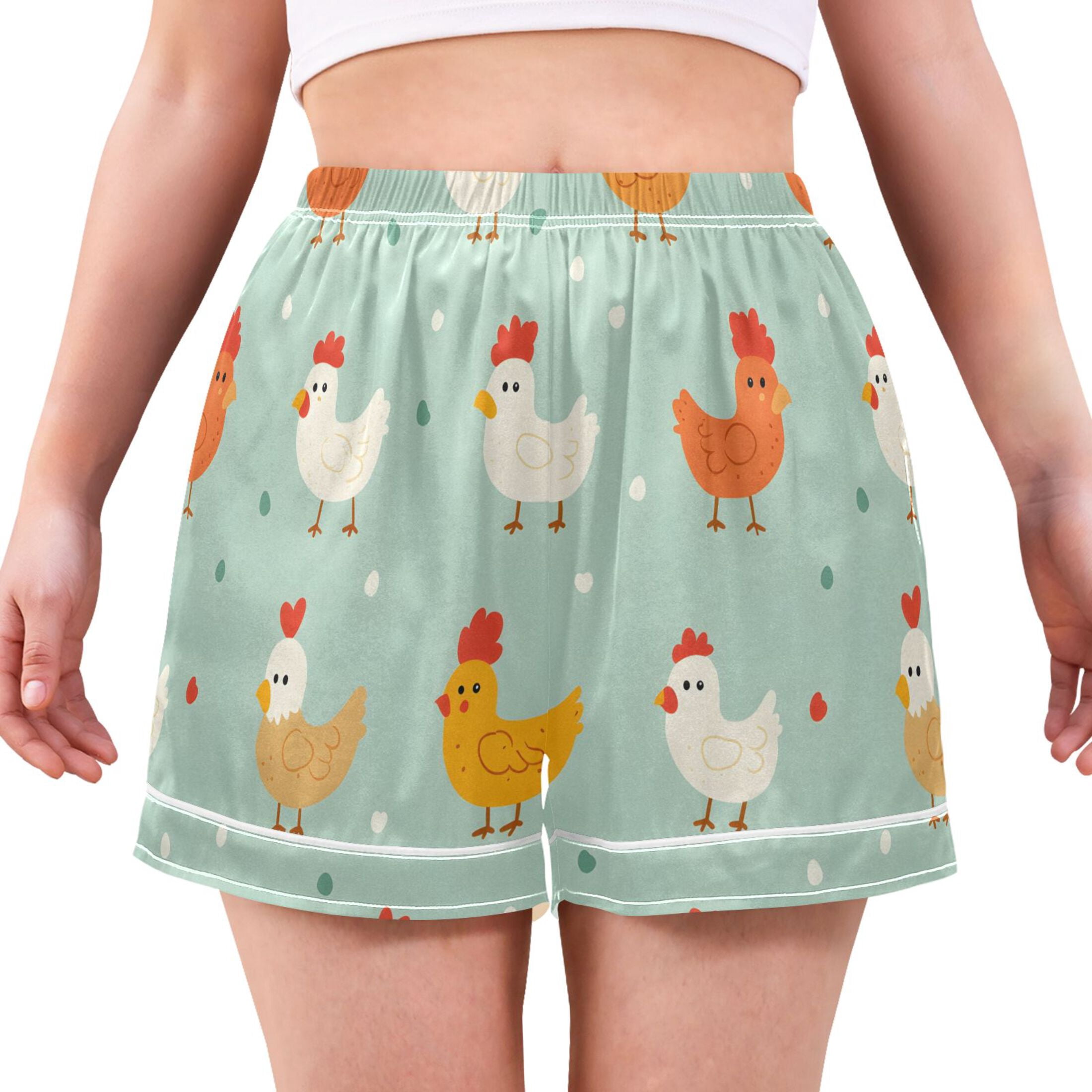 Cute Chicken Pattern Women's Pajama Shorts Silky Satin Casual Lounge ...