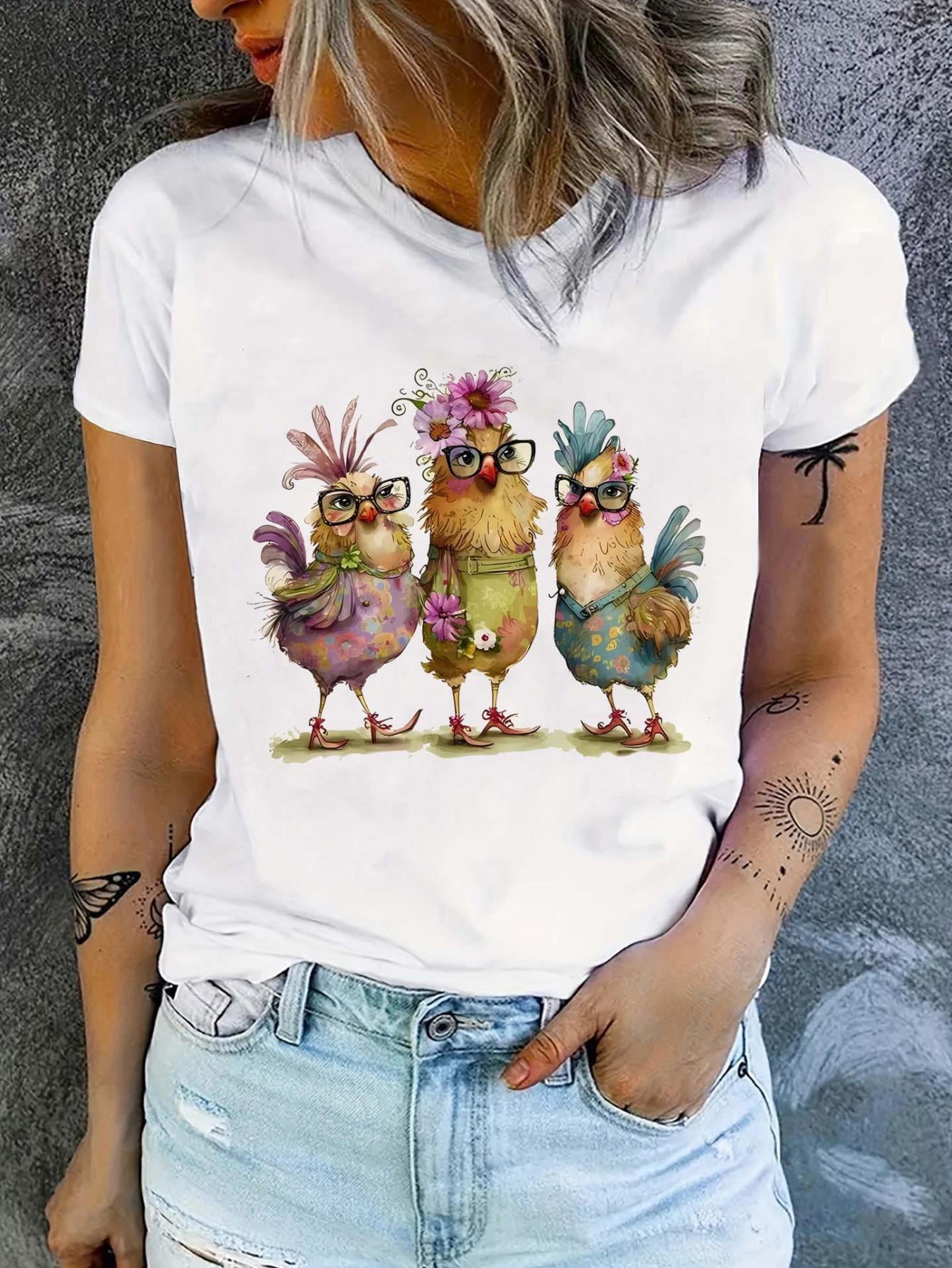 Cute Chicken Print Short Sleeve T-shirts, Crew Neck Casual Top For ...