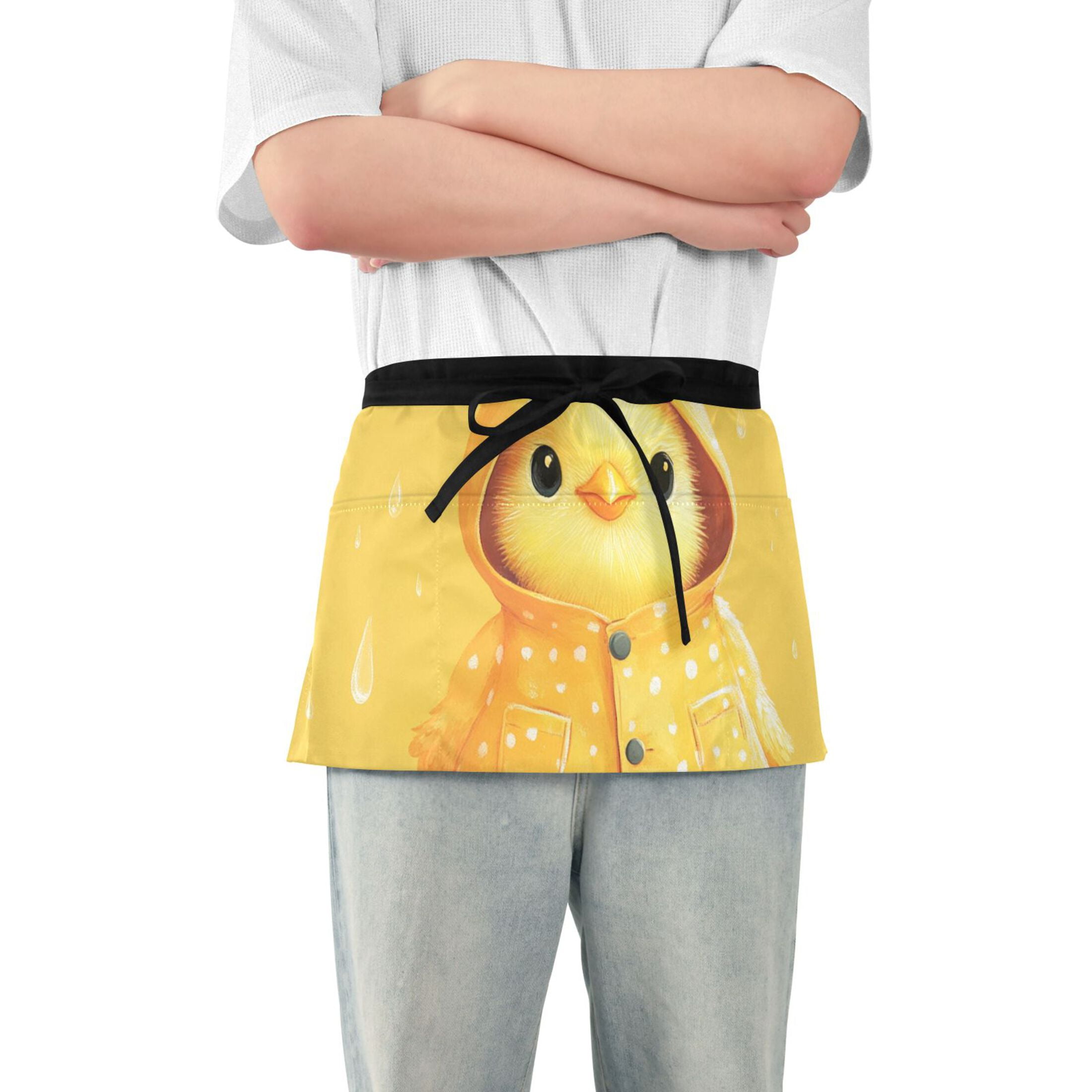 Cute Chicken Wearing Raincoat Raindrops Short Server Apron with 3 ...