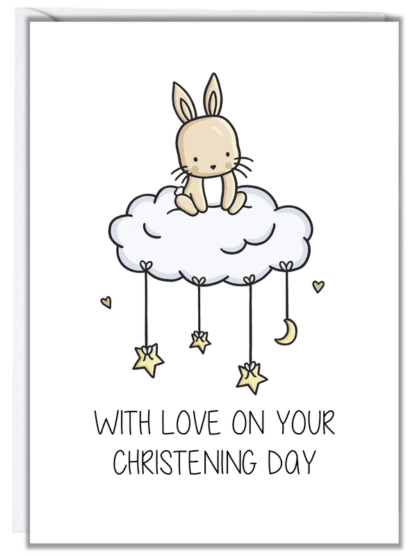Cute Christening Card for Baby – Adorable Bunny on Cloud Design with ...