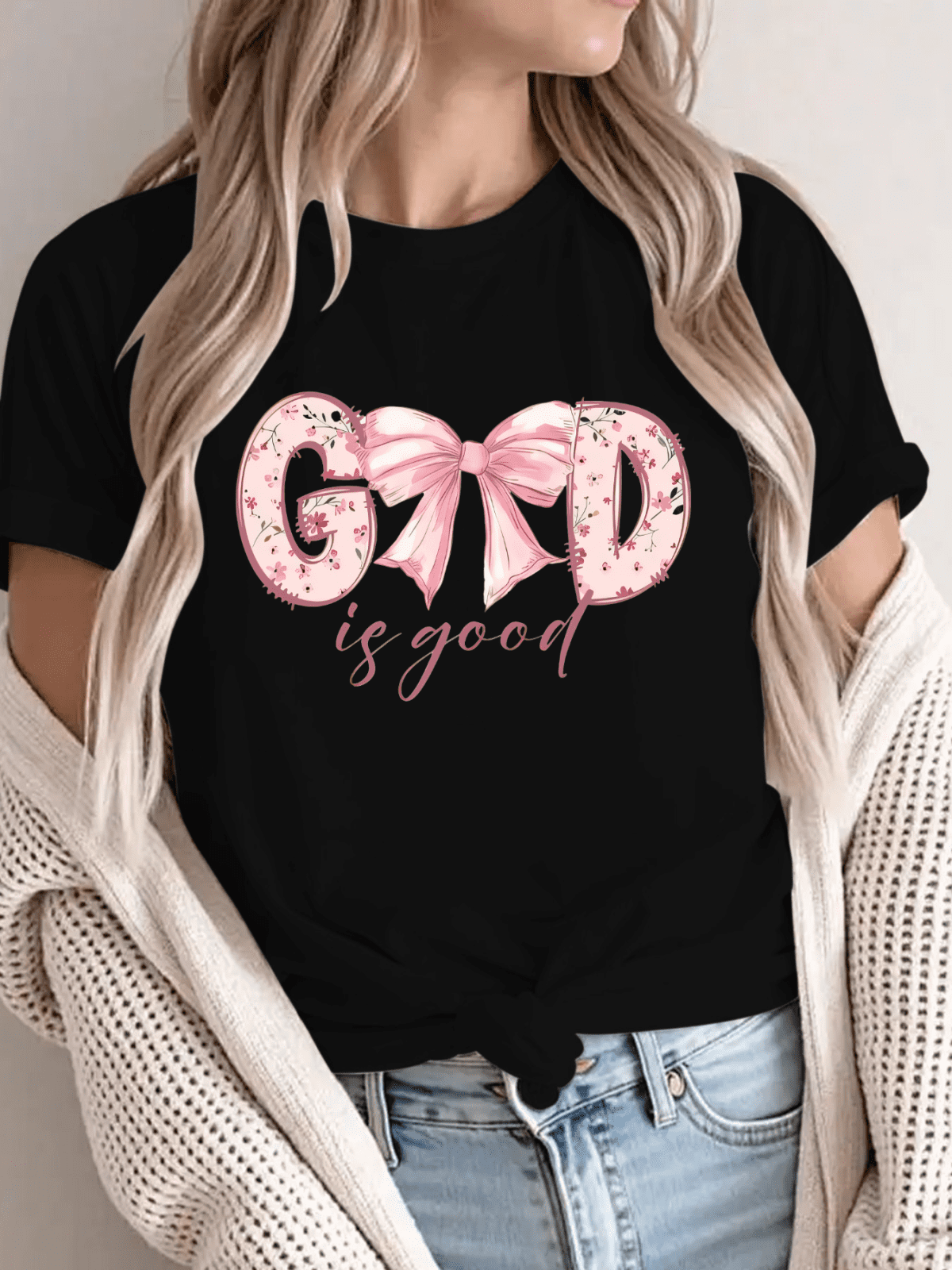 Cute Christian T-Shirt God Is Good Tee - Pink Floral Pattern Short ...