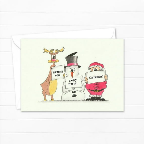 Cute Christmas Card with Santa, Snowman, and Reindeer – Wishing You a ...