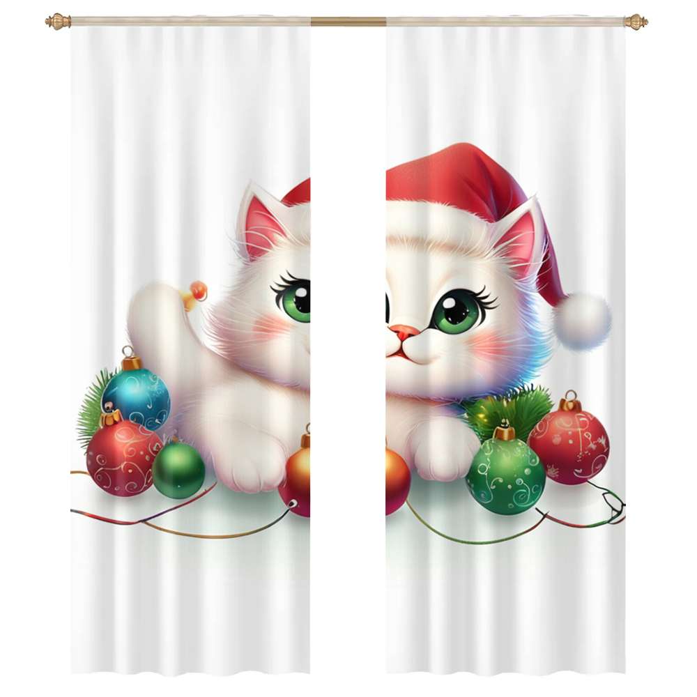 Cute Christmas Cat Decor Tulle Curtains For Living Room Chiffon Sheer ...