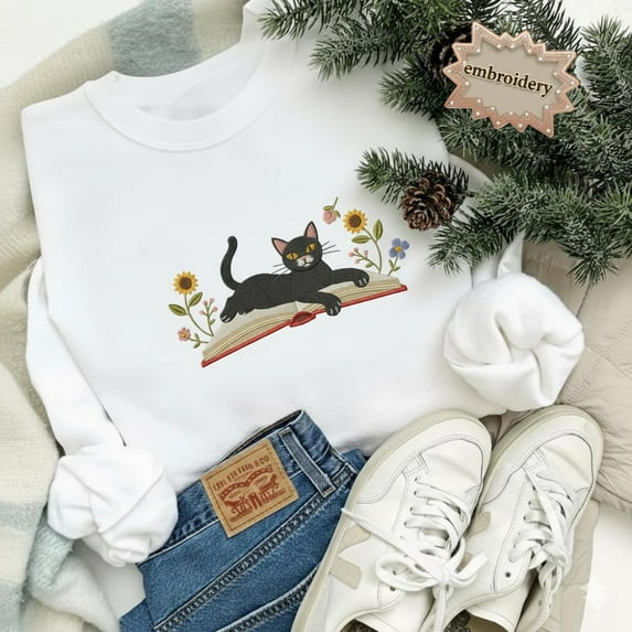 Cute Christmas Cat Embroidered Sweatshirt, Funny Holiday Hoodie ...