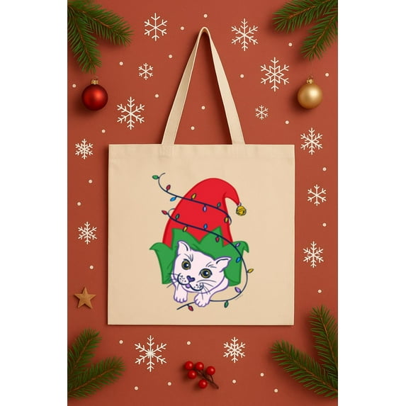 Cute Christmas Cat In The Tote Bag Fathers Elf Hat Funny Holiday Style ...