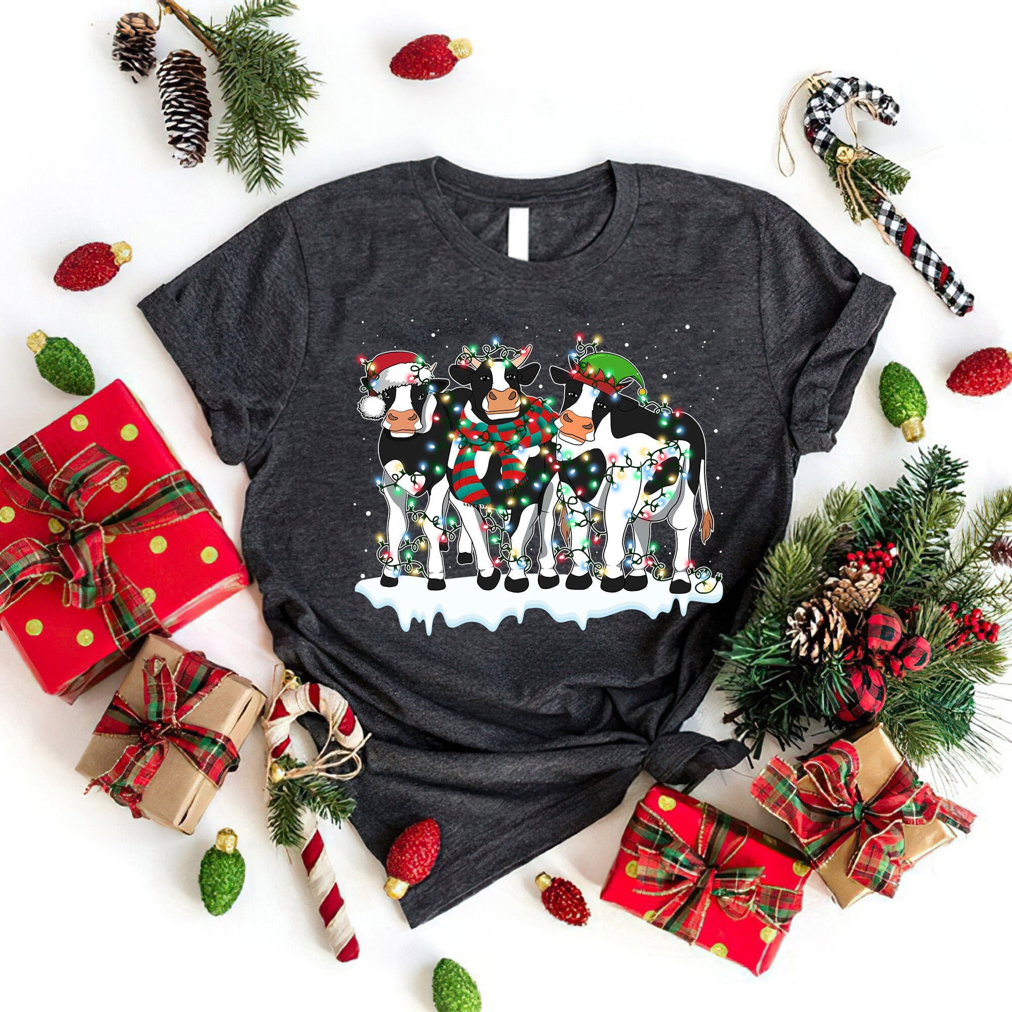 Cute Christmas Cows Shirt, Funny Cow With Christmas Lights Shirt, Cow ...