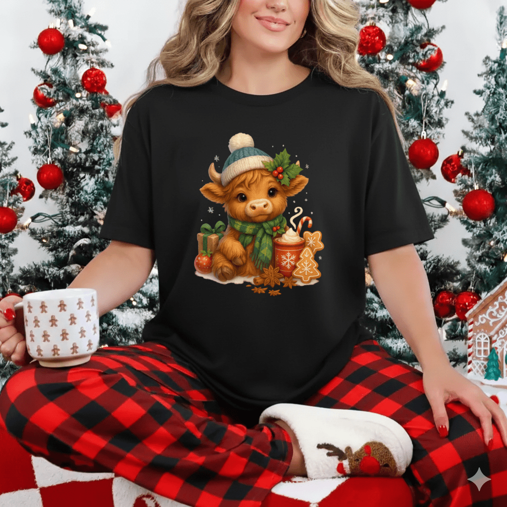 Cute Christmas Cozy Heifer with Cocoa and Cookies Festive Art Unisex T ...