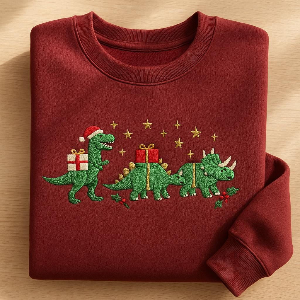 Cute Christmas Dinosaur Embroidered Sweatshirt, Dino Family Holiday ...