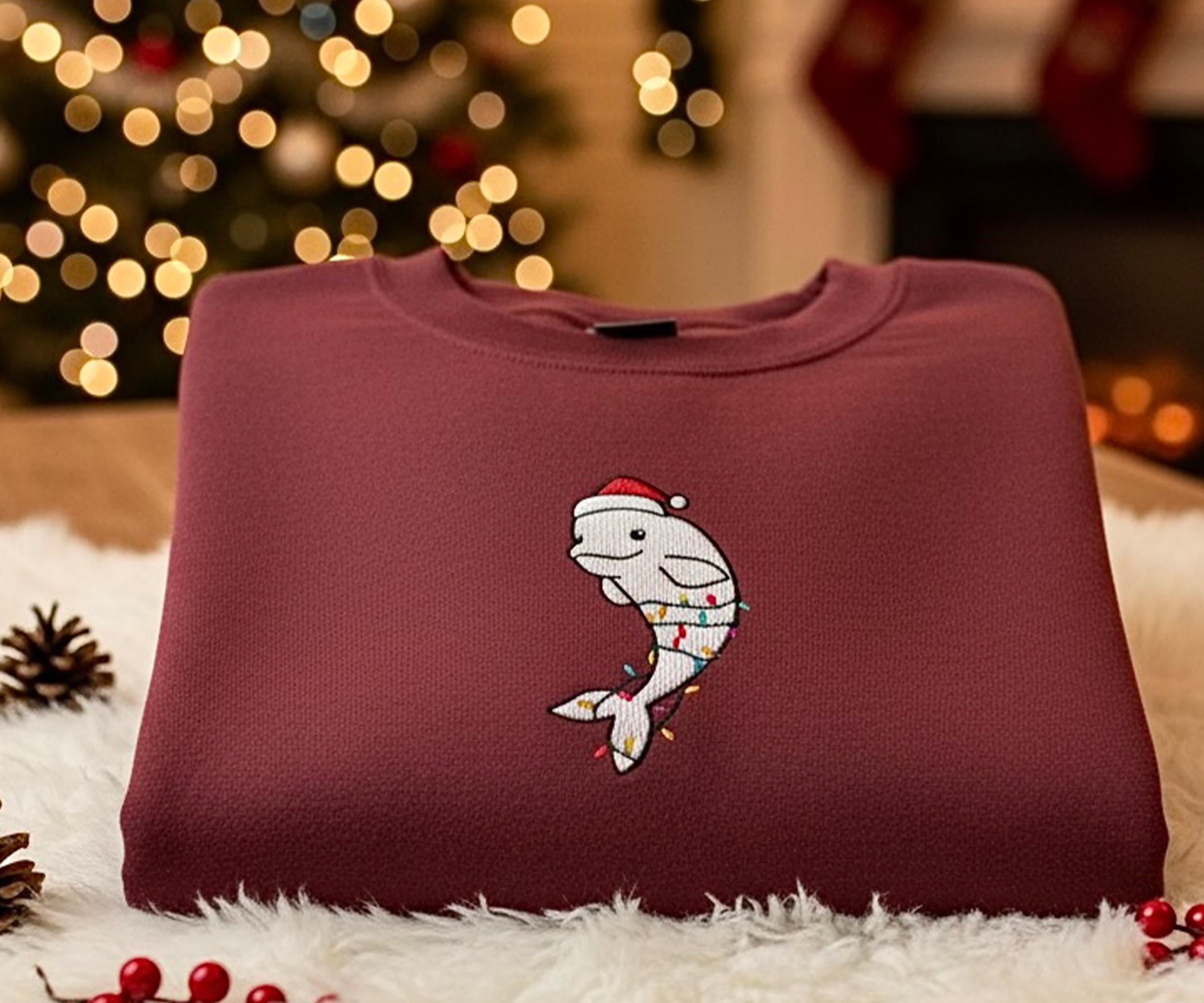 Cute Christmas Dolphin Embroidered Sweatshirt Holiday Ocean Animal ...