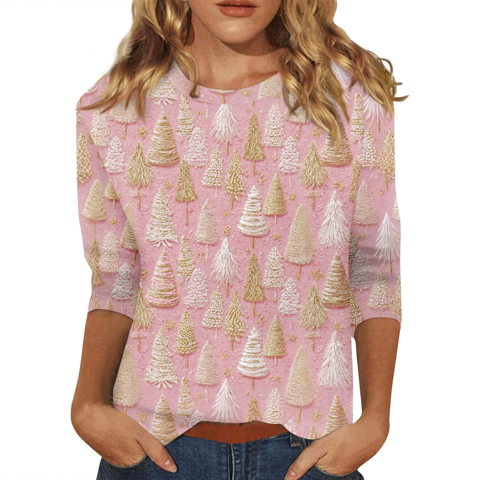 Cute Christmas Print 3/4 Sleeve Tops Casual Crew Neck Blouse Loose Fit ...