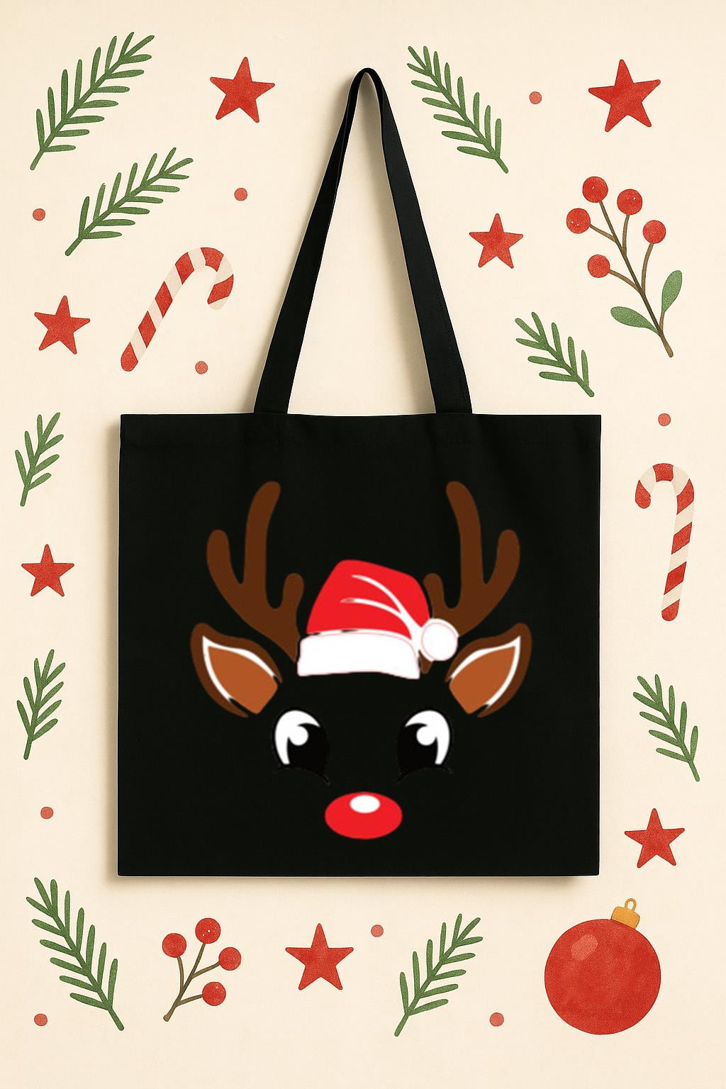 Cute Christmas Reindeer Face Tote Bag Holiday Animal Simple Festive Art ...