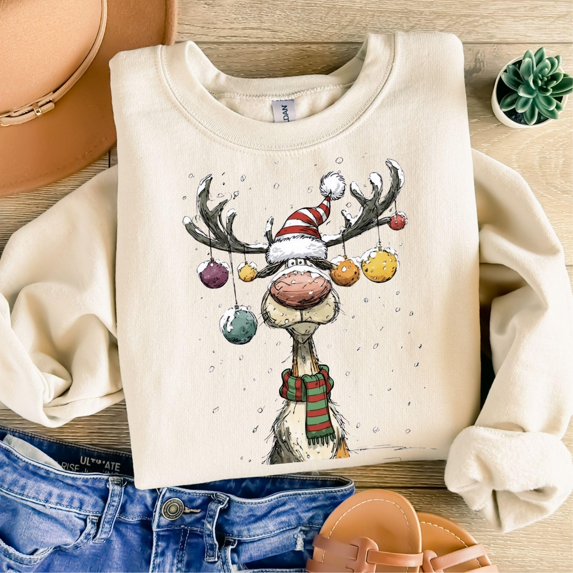 Cute Christmas Reindeer Sweatshirt | Holiday Cartoon Graphic Print ...