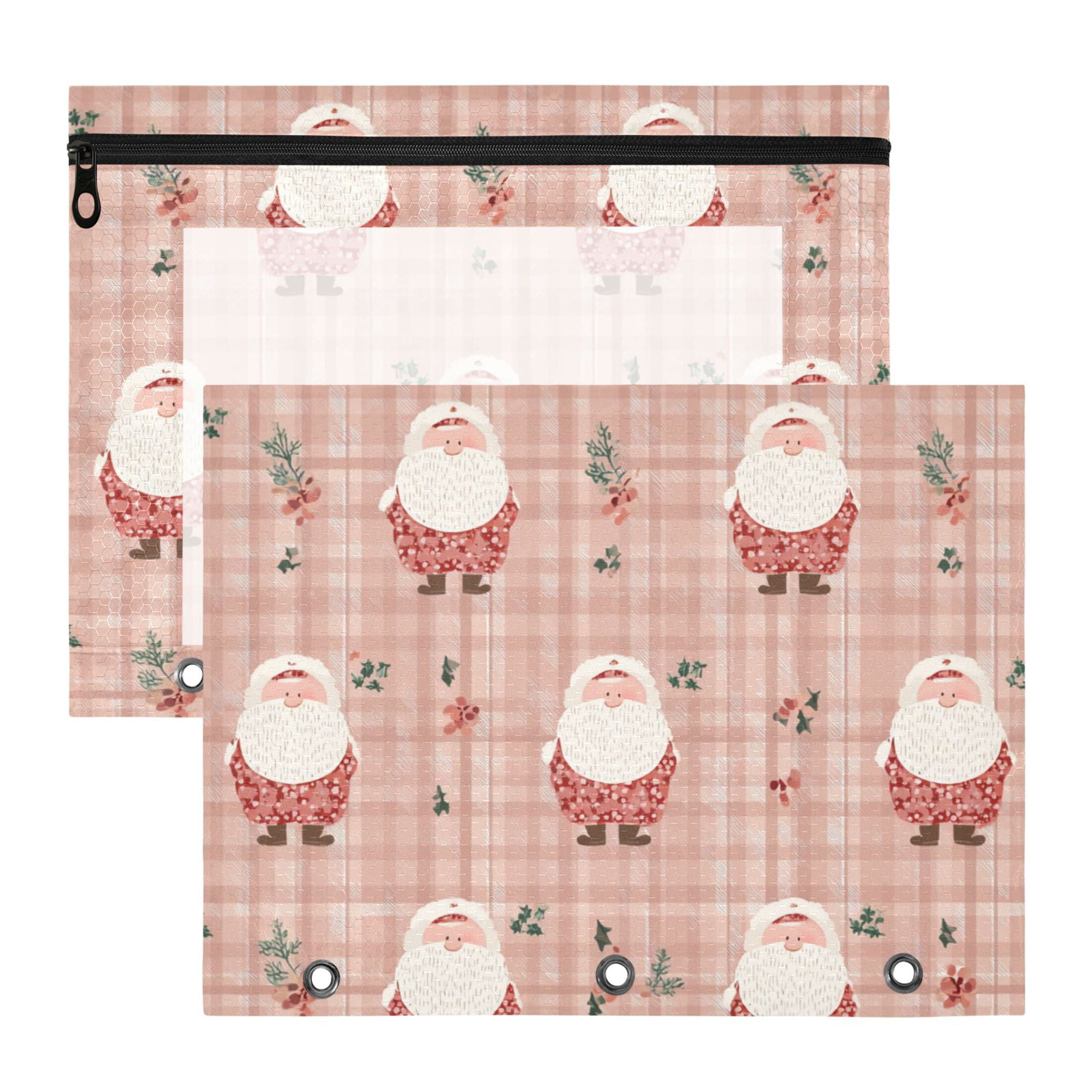 Cute Christmas Santa on Pink Plaids 3-Ring Binder Pocket with Zipper ...