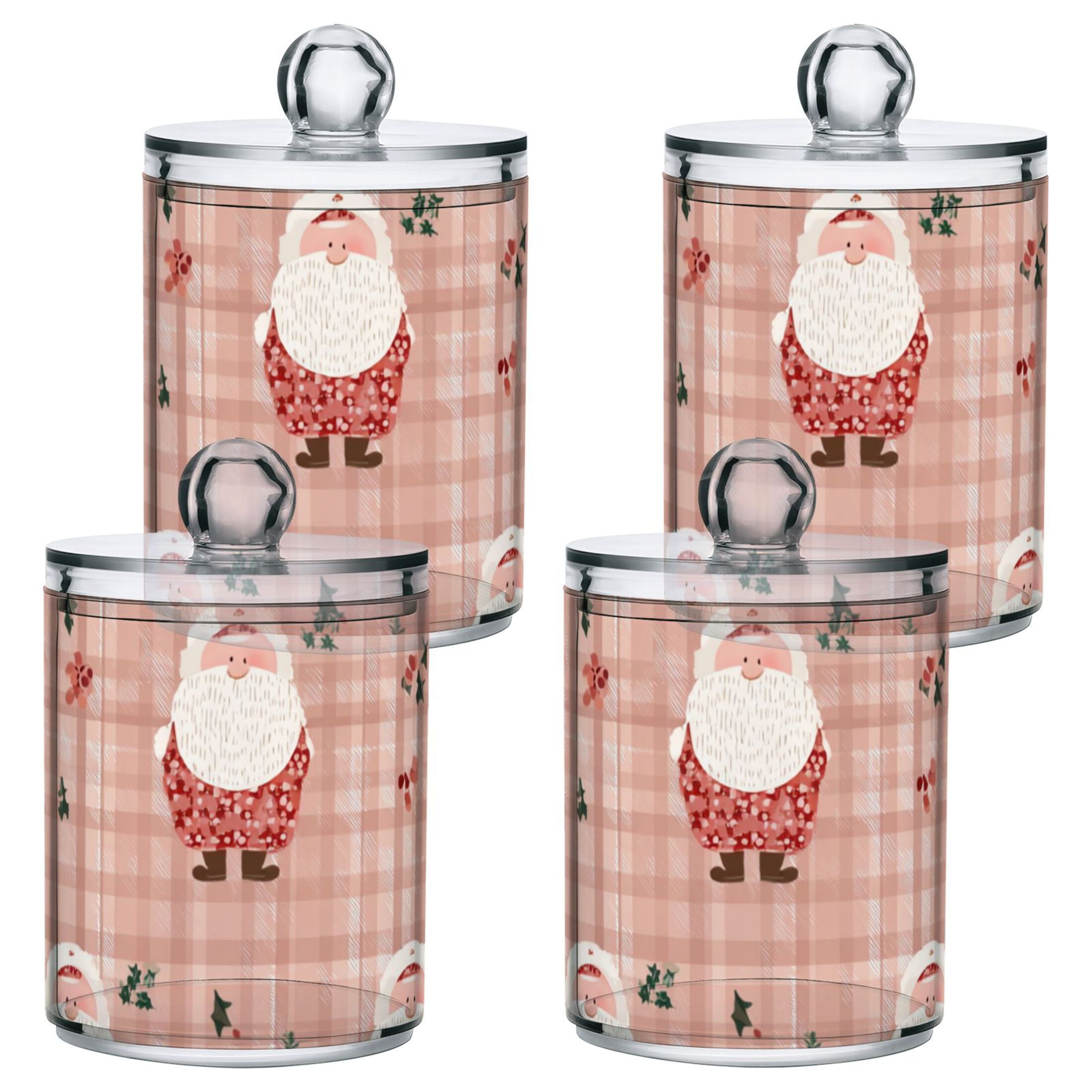 Cute Christmas Santa on Pink Plaids Translucent Plastic Cans Storage ...