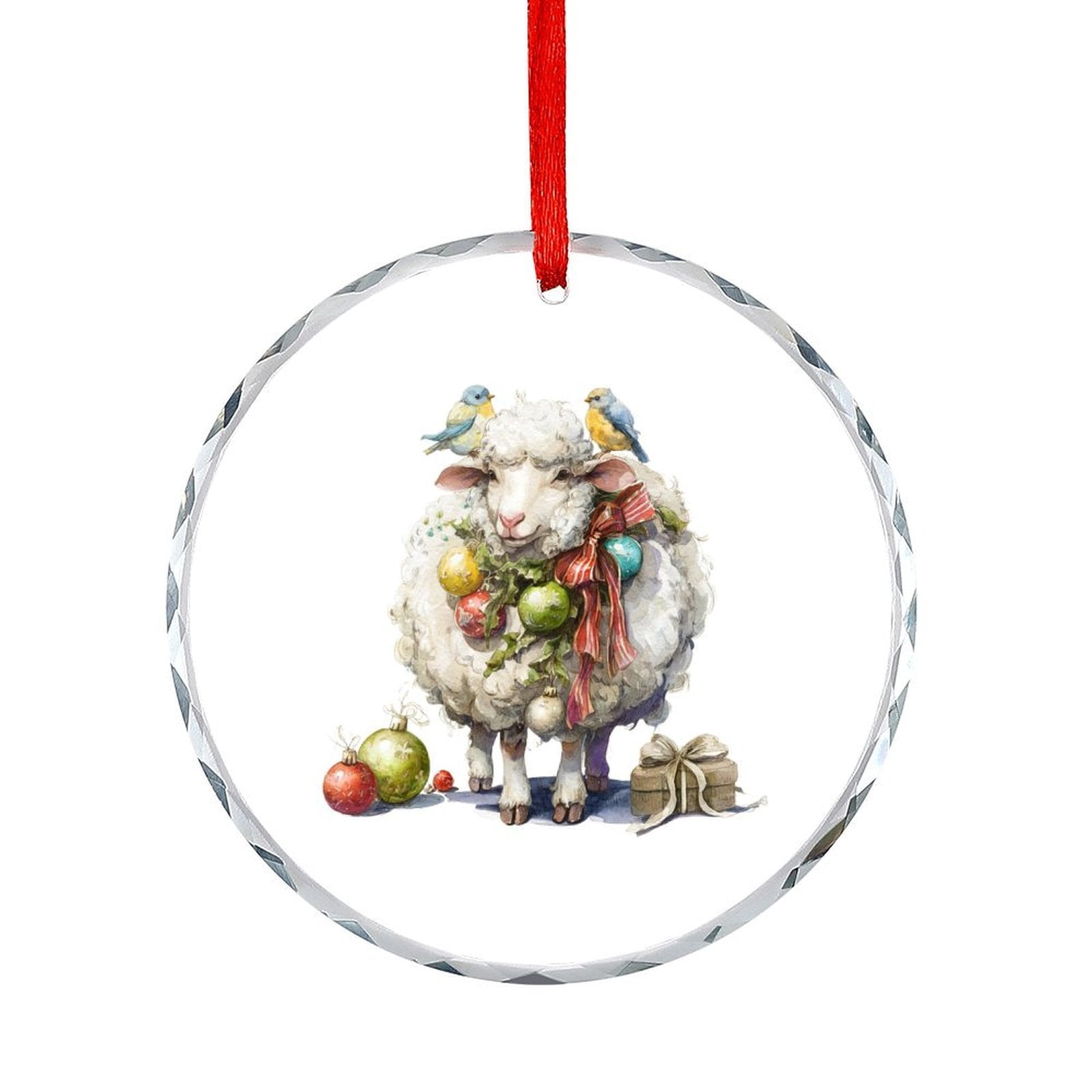 Cute Christmas Sheep with A Bow And Birds Crystal Glass Christmas ...
