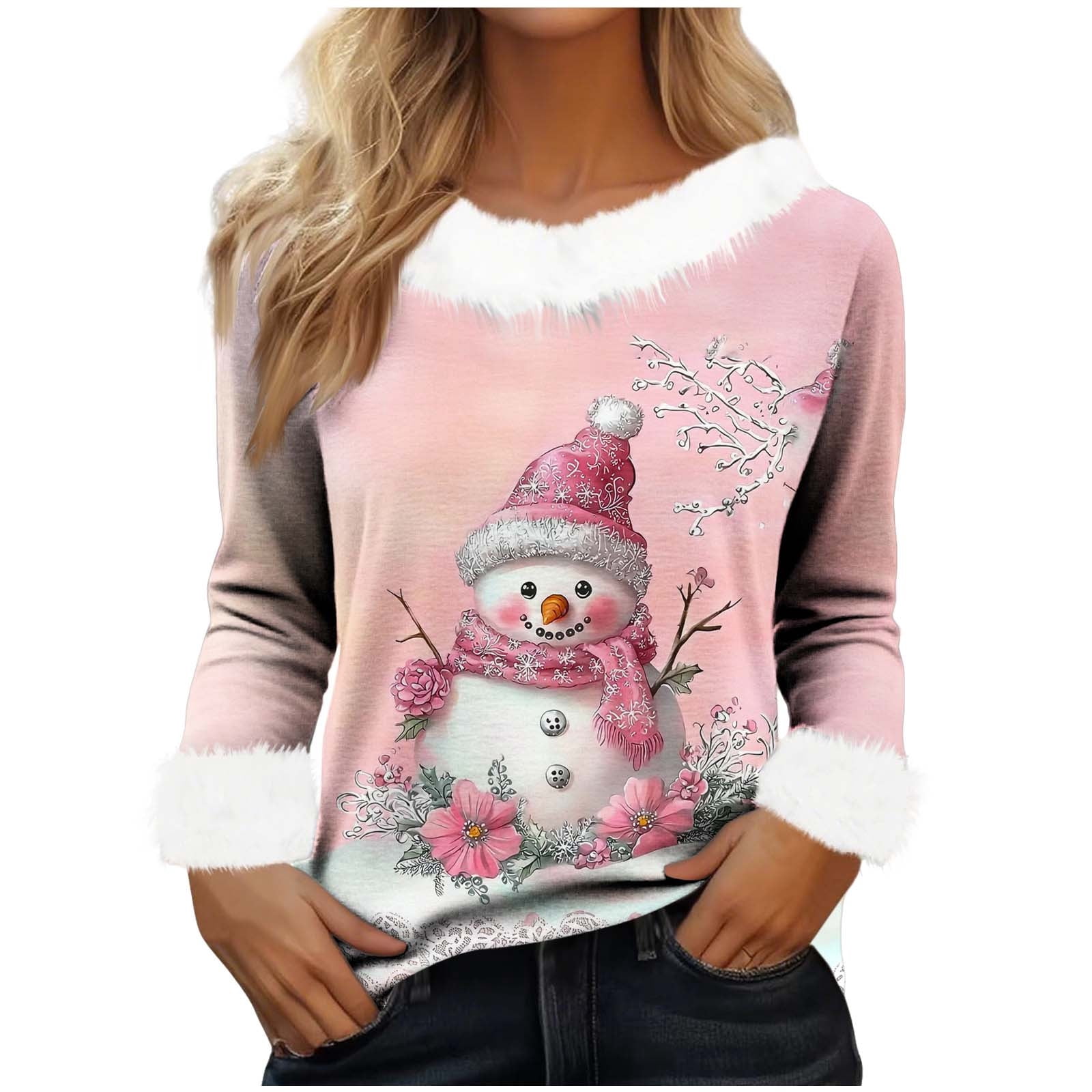 Cute Christmas Shirts for Women Fur Trim Crewneck Loose Long Sleeve ...