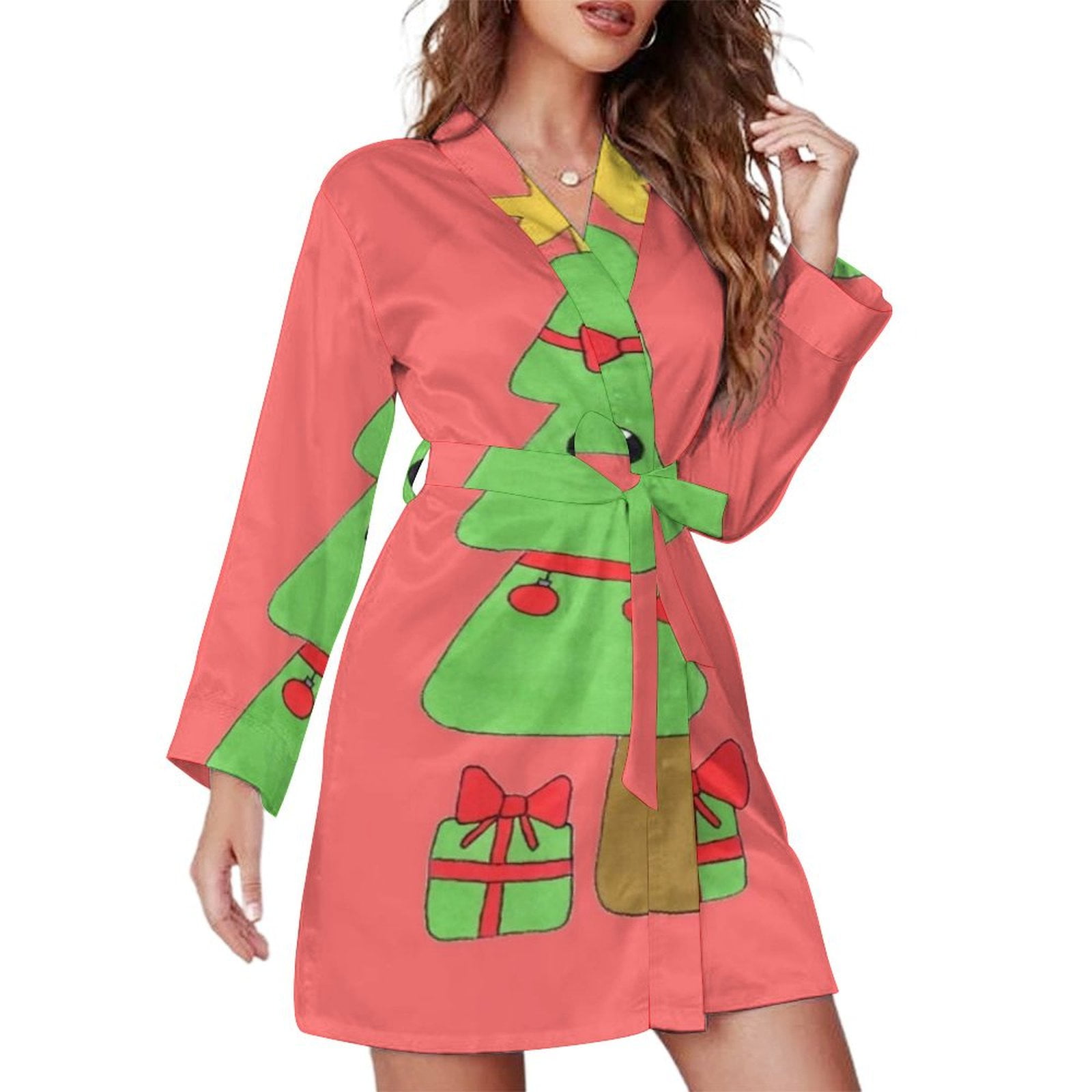 Cute Christmas Tree Cartoon Night Robe Long Sleeve V Neck Robe With ...