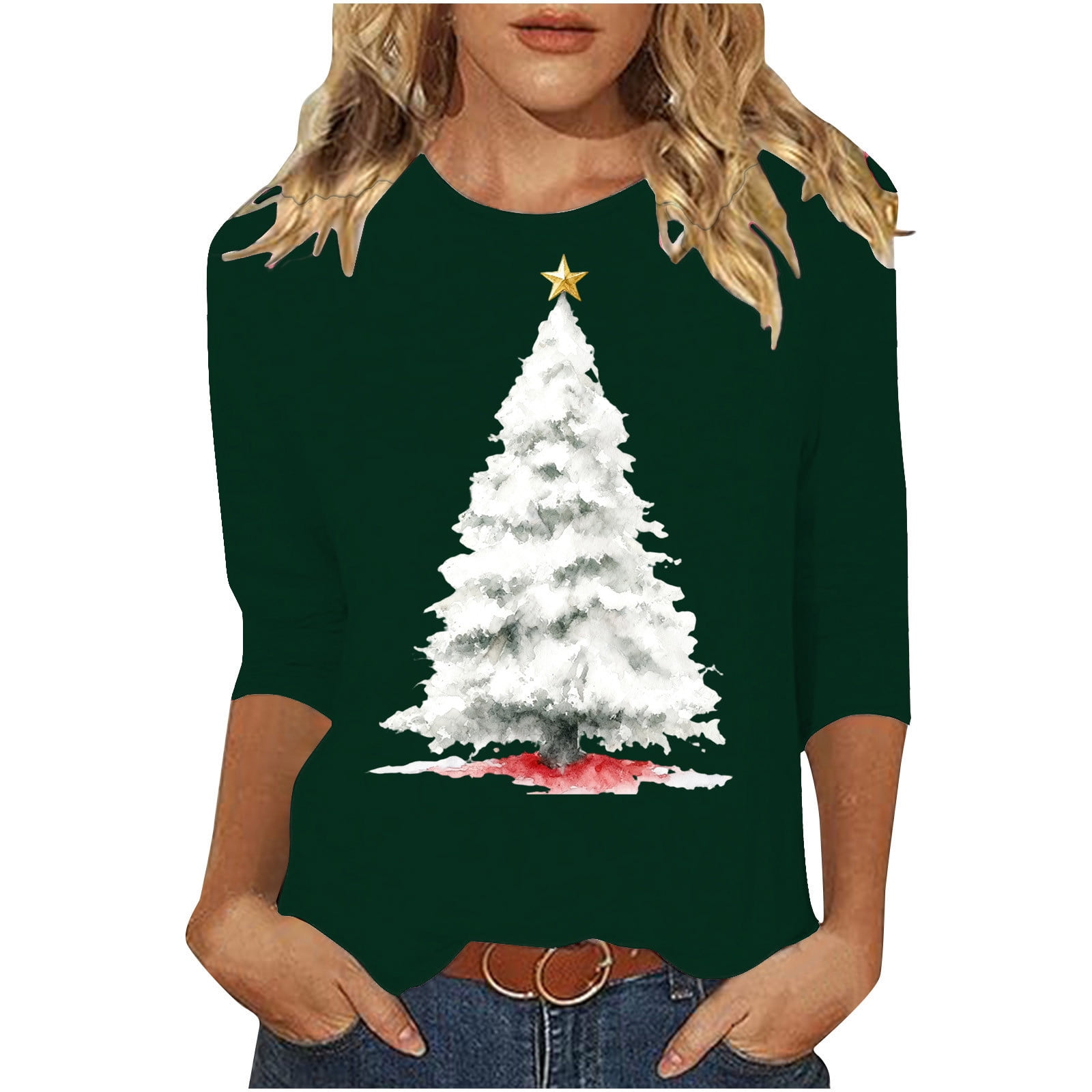 Cute Christmas Tree Shirts for Women Basic Loose Crewneck 3/4 Length ...