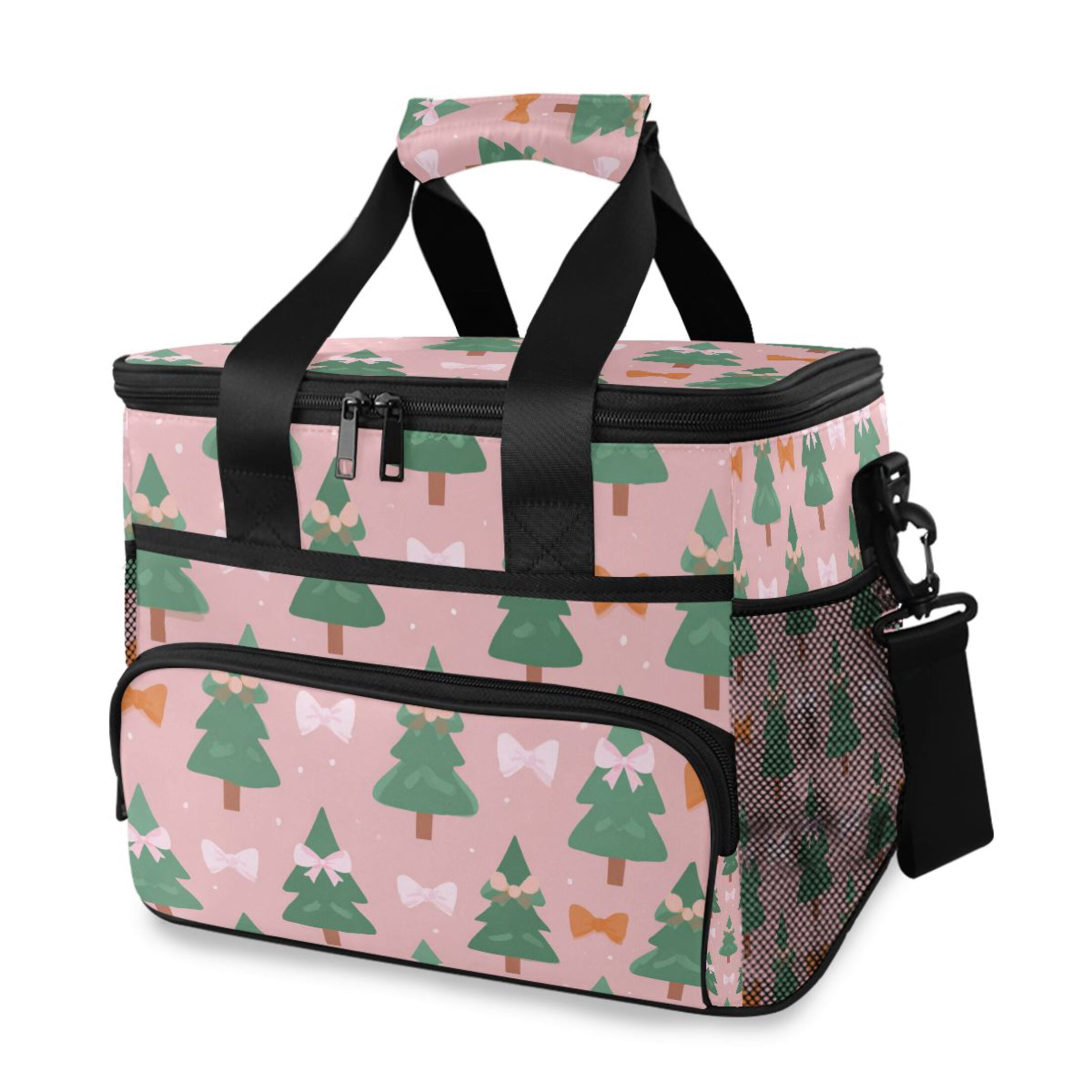 Cute Christmas Trees with Pink Orange Bows Portable Cooler Lunch Box ...