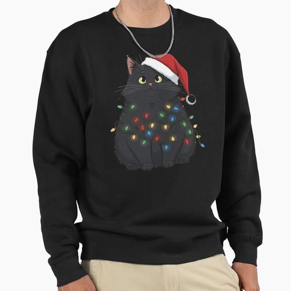 Cute Chubby Black Cat St. Nick Hat Lights Graphic Unisex Sweatshirt ...