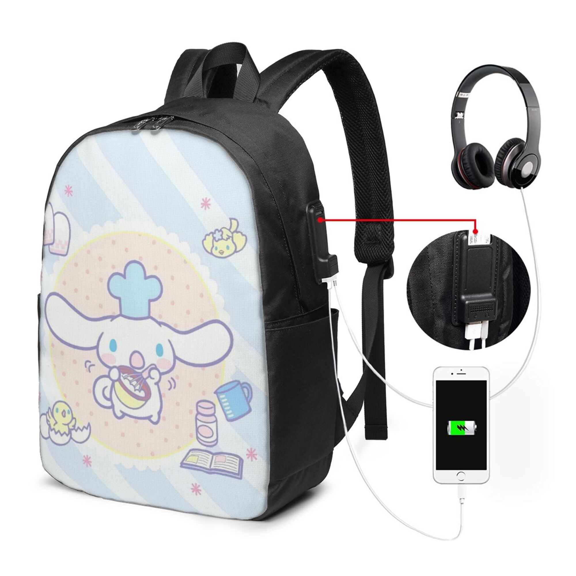 Cute Cinnamoroll Travel Laptop Backpack with USB Port and Headphone ...