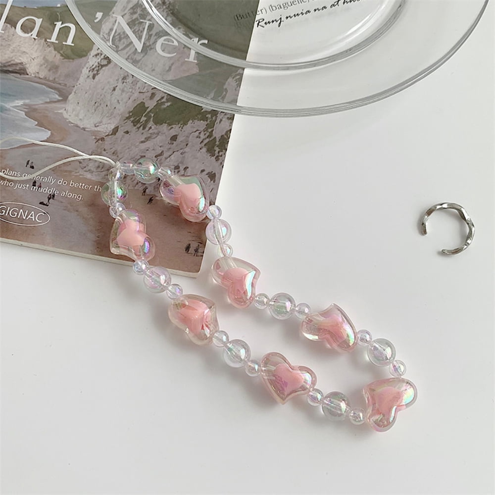 Cute Clear Crystal Heart Beaded Strap Phone Chains For iPhone 14 Korean ...