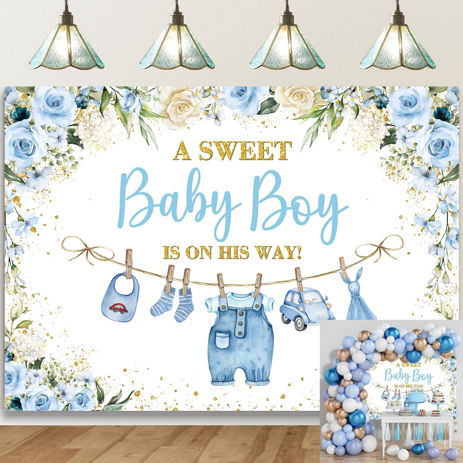 Cute Clothes Baby Shower Backdrop for Boys Blue Flowers Leaves a Sweet ...