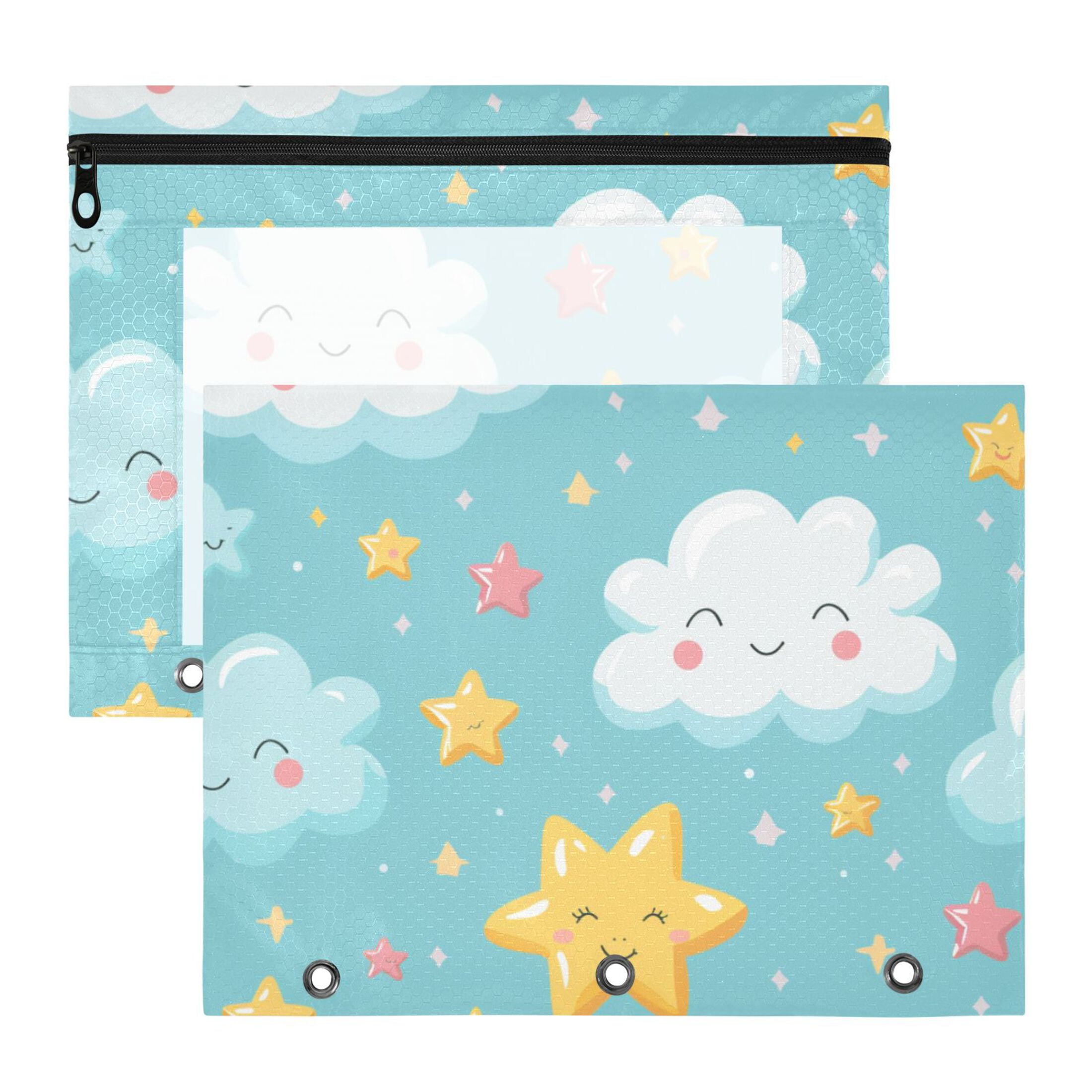 Cute Clouds Stars Cartoon 3-Ring Binder Pouches A4 Size Zipper Pocket ...