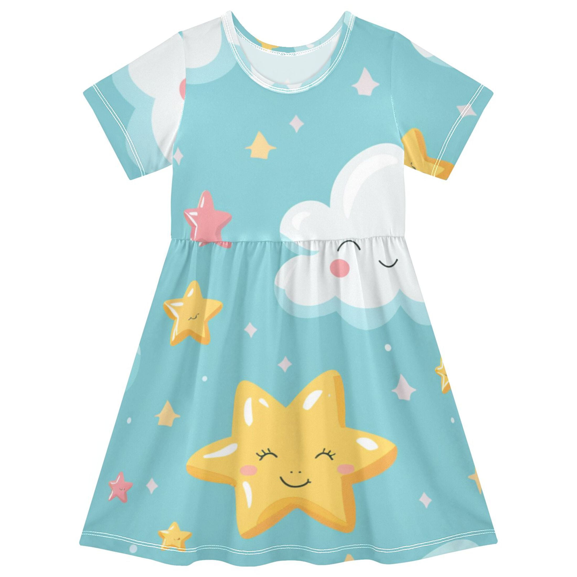 Cute Clouds Stars Cartoon Girls' Short Sleeve Dress A-Line One-Piece ...