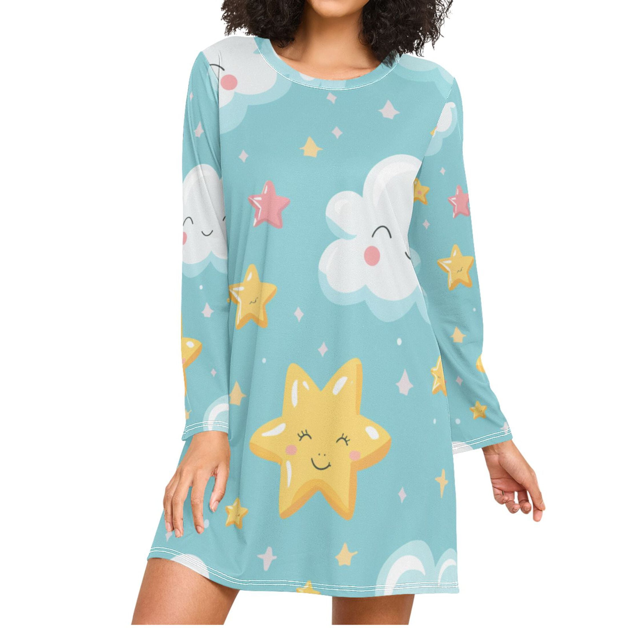 Cute Clouds Stars Cartoon Women's Long Sleeves Nightgowns Sleepwear ...