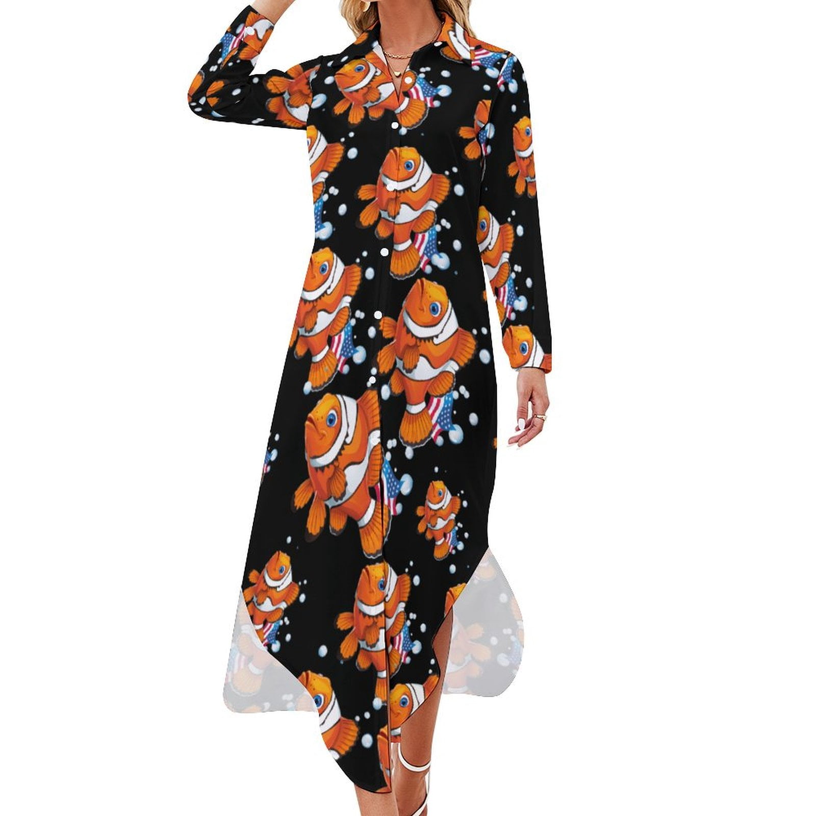 Cute Clownfish US-Flag Women's Maxi T Shirt Dress Long Sleeve Lapel ...