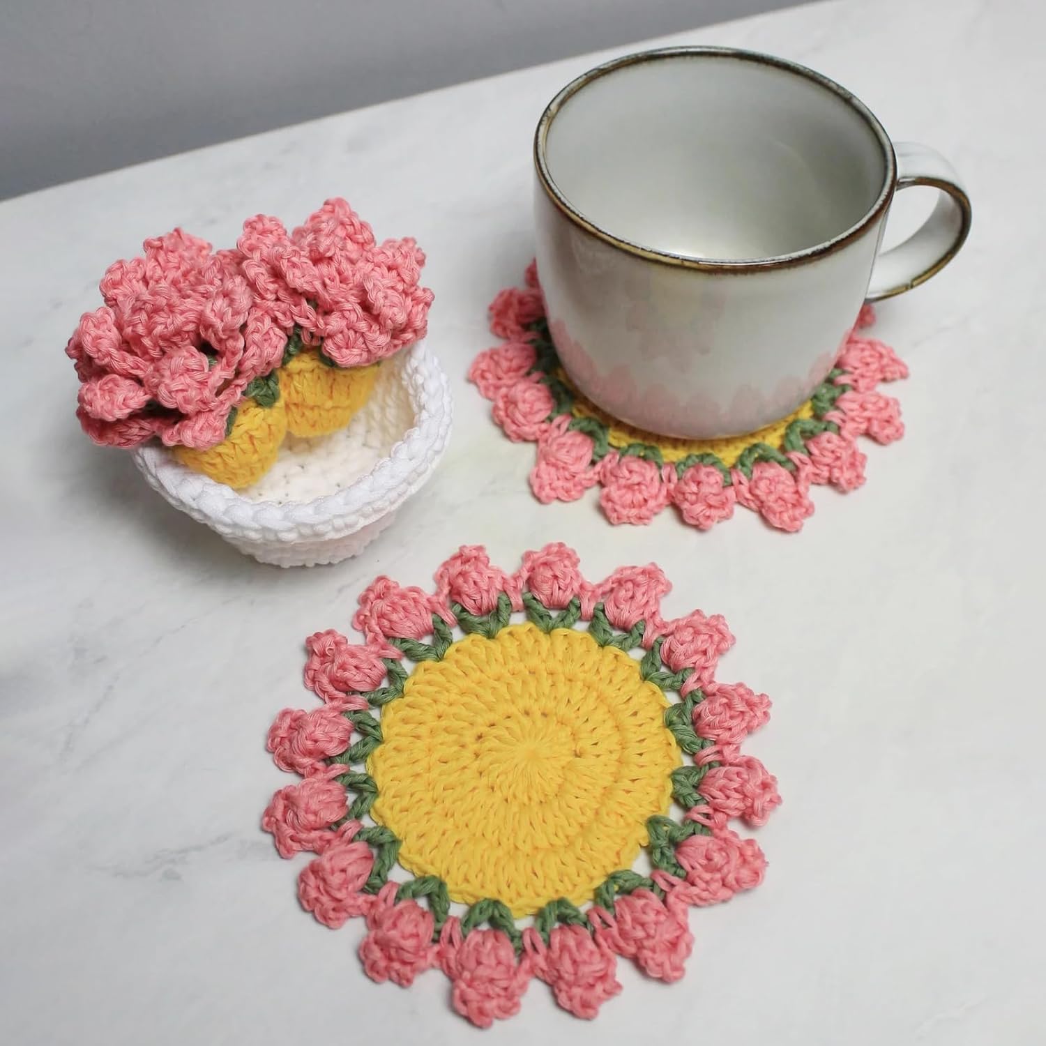 Cute Coasters,Funny Flower Coasters,Crochet Plant Pot Coaster Set for ...