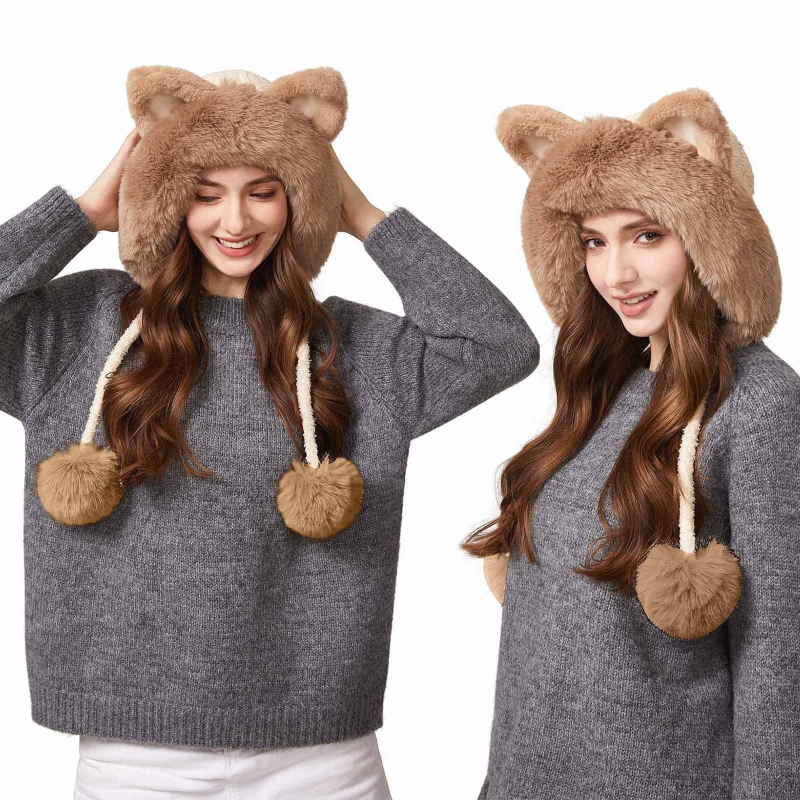 Cute Color Block Cat Ear Knit Hat - Fleece Lined Winter Windproof Warm ...