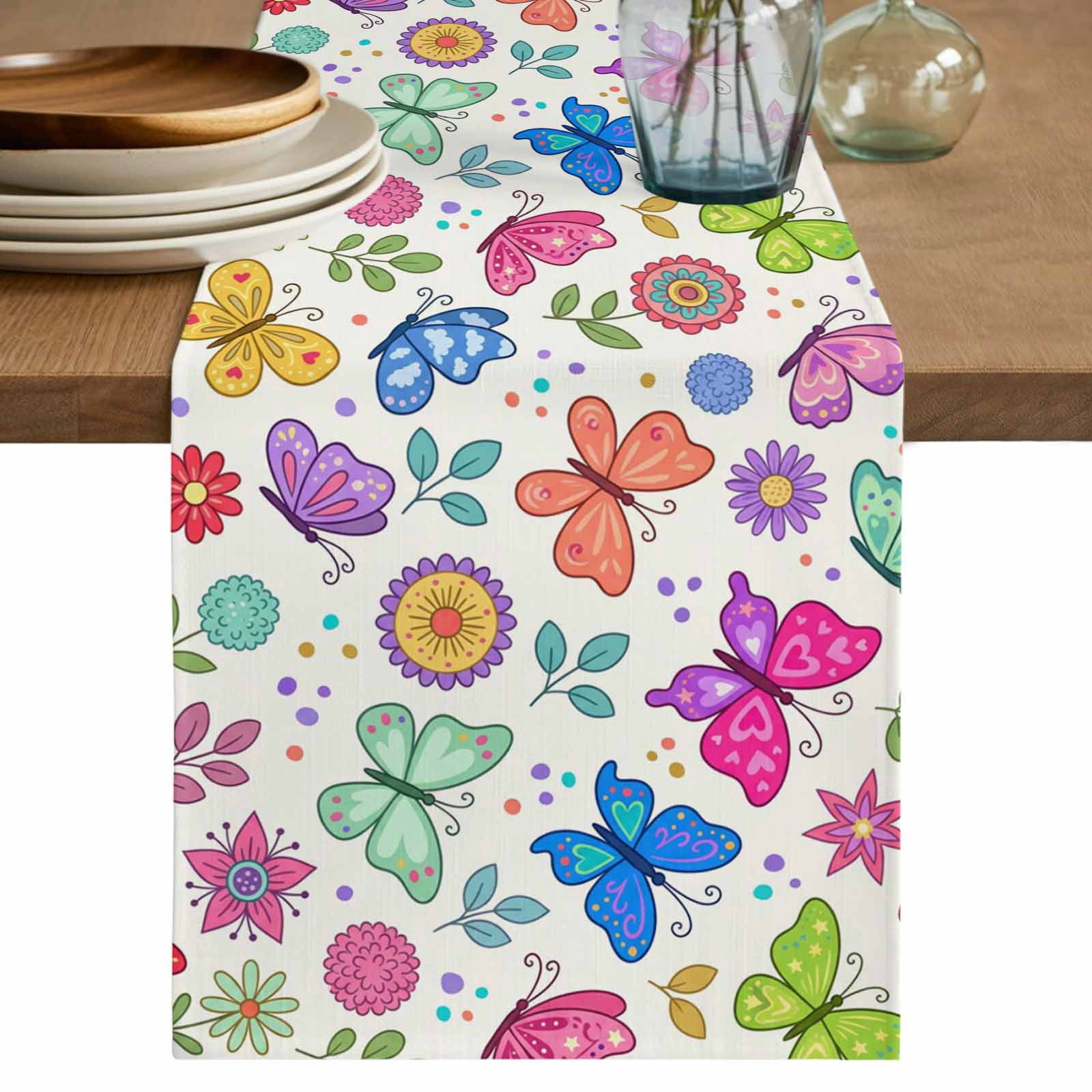 Cute Colorful Butterflies Table Runner 72 Inches, Spring Floral Modern ...