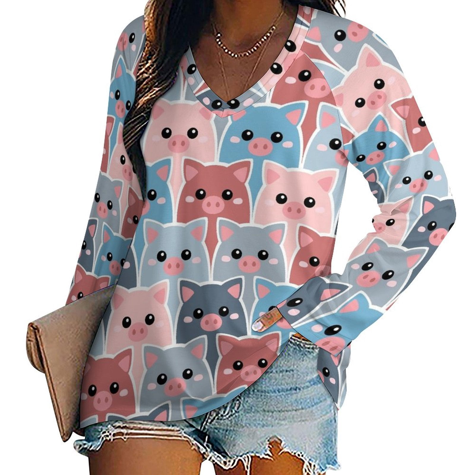 Cute Colorful Cartoon Pigs Pattern Women's Long Sleeve Shirts Casual V ...
