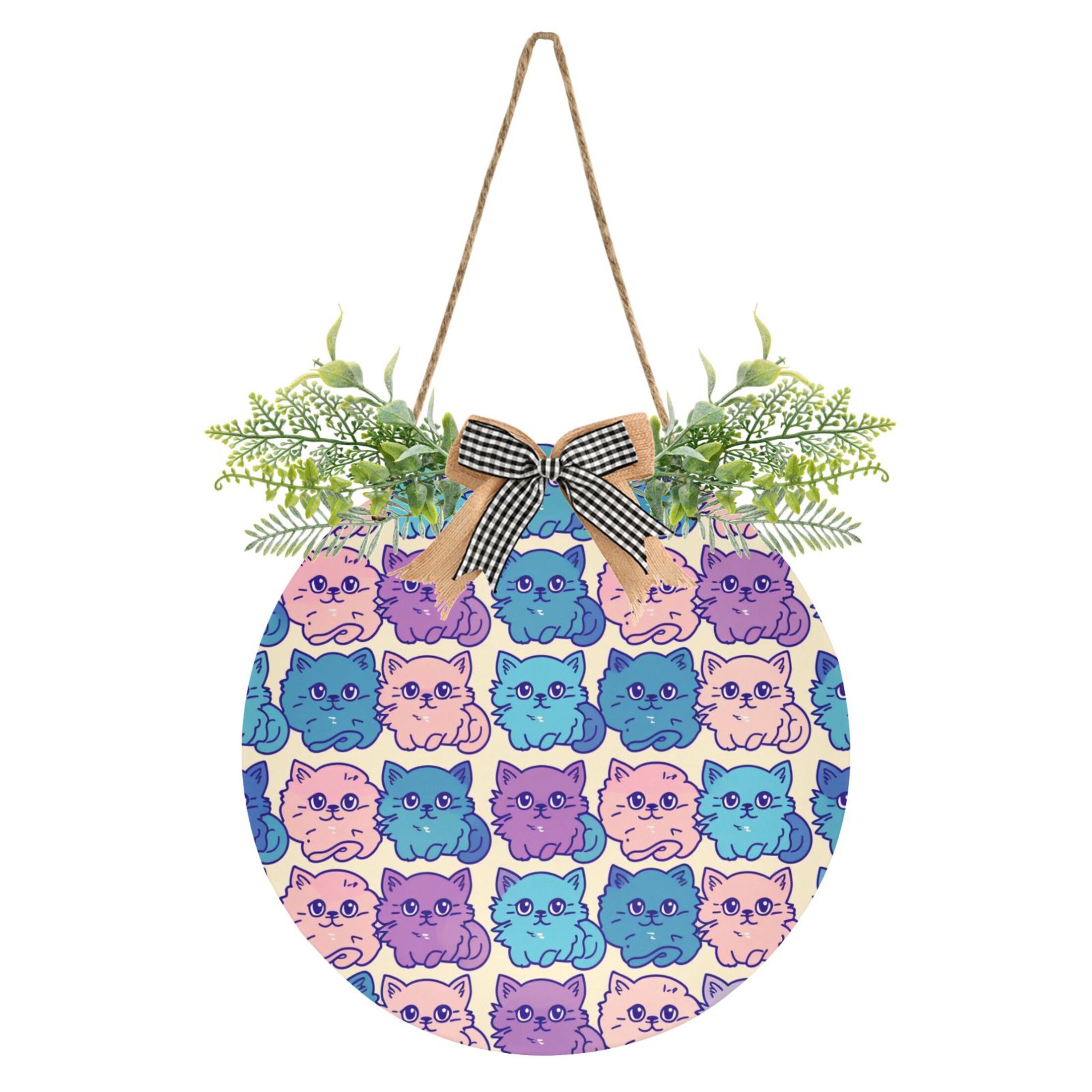 Cute Colorful Cat Welcome Front Door Sign Round 12 inch Porch Hanging ...