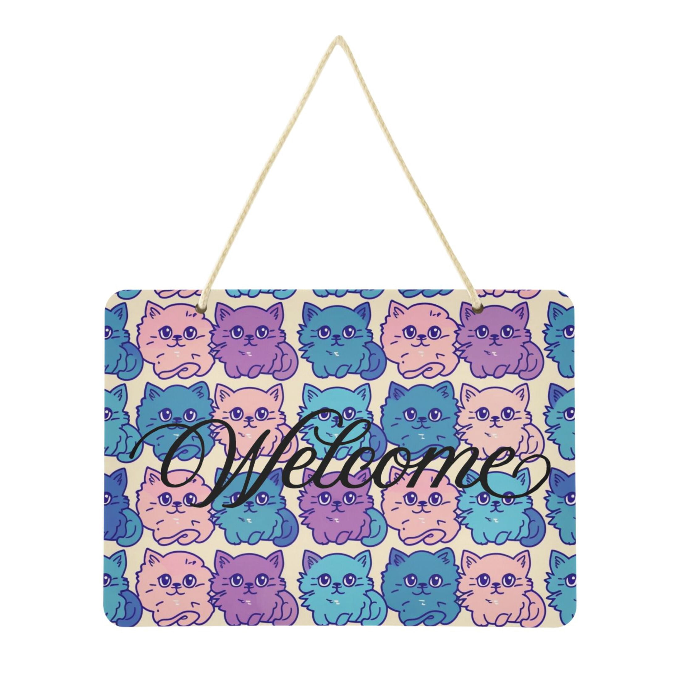 Cute Colorful Cat Welcome Sign Front Door PVC 14x10 inch Hanger Hello ...