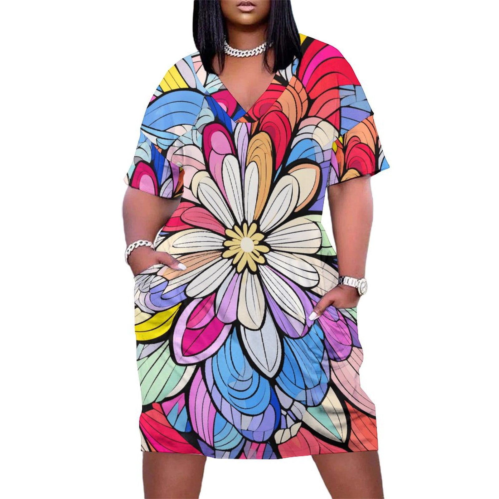 Cute Colorful Flower Women's Summer Short Sleeve Casual Dresses Party ...