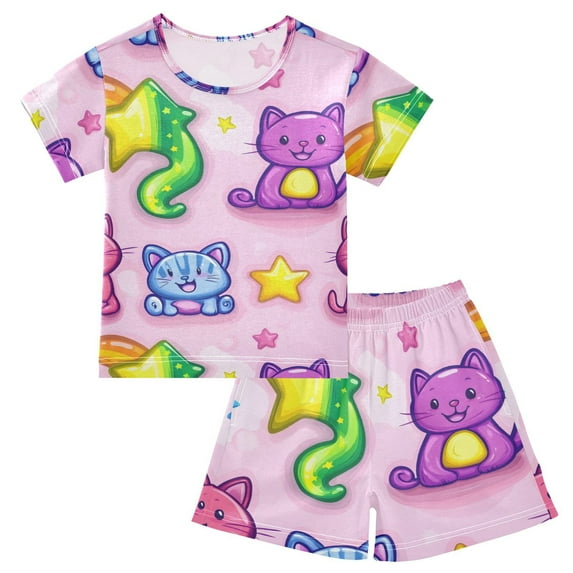 Cute Colorful Kitten Summer Pajama Set Soft Cotton Short Sleeve ...